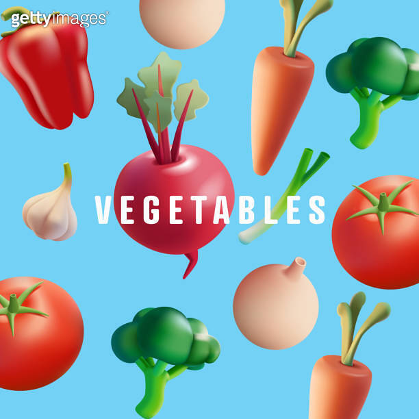Vegetables, 3D. Beetroot, carrot, sweet pepper, garlic, broccoli, onion ...