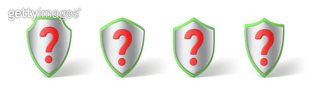 3D protection shields with a red question sign. Question mark shield ...