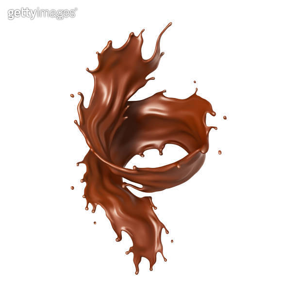 Realistic liquid chocolate twist. Splash melted chocolate. Brown choco ...