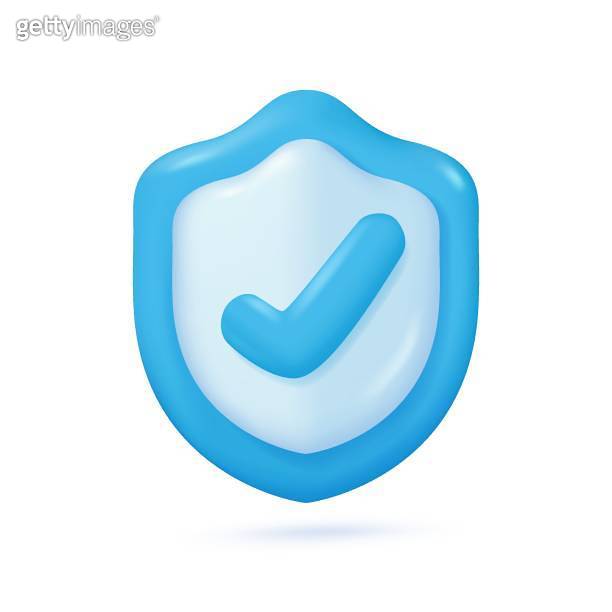 3D protective shield. Blue check mark on shield. Concept of hazard prevention and safety ...