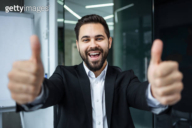 Happy caucasian business man corporate employee demonstrate sign good ...