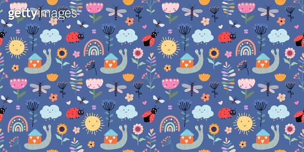 Childish seamless pattern with snails, ladybirds and rainbows ...