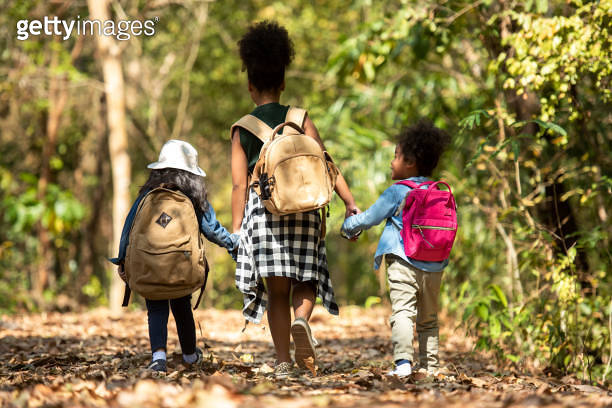 Group family children walking for explore and find directions in the ...