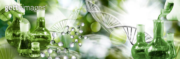 image combining a stylized model of DNA, flasks and liquid pouring into ...