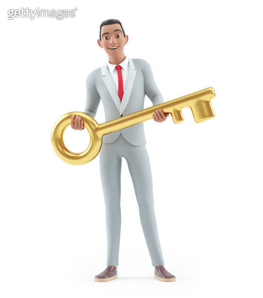 3d character businessman holding golden key 이미지 (2165225765) - 게티이미지뱅크