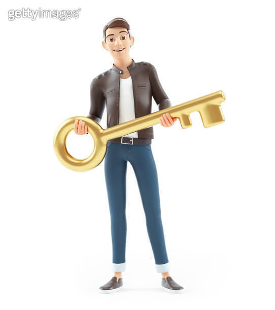 3d cartoon man holding golden key 이미지 (2158854808) - 게티이미지뱅크