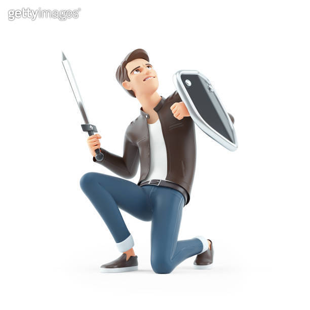 3d cartoon man with shield and sword defending 이미지 (2156805720) - 게티이미지뱅크