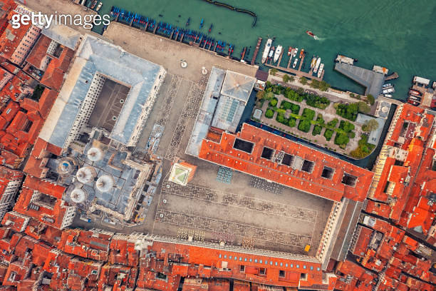 Panoramic shot of Venice, San Marco, Italy. Tiled roofs and streets ...
