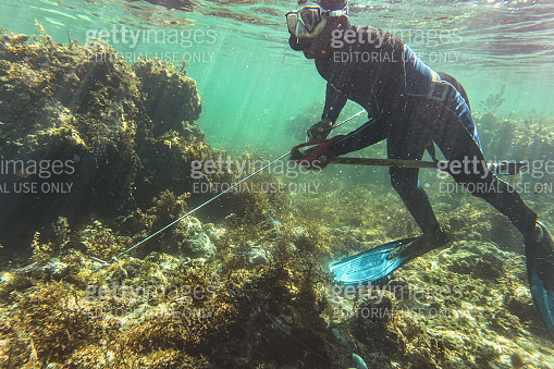Malagasy fisherman in black wetsuit and snorkel catching fish with ...