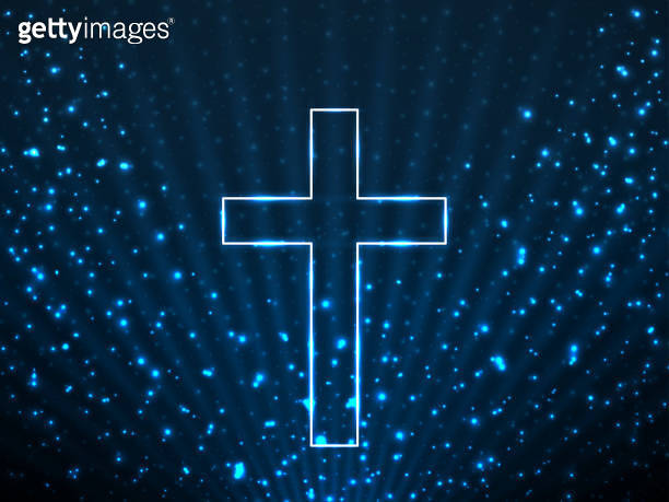 Glowing christian cross on background glitter particles and glowing ...