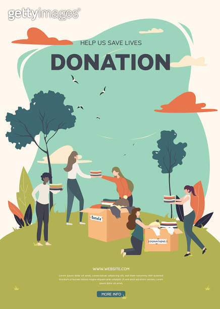 Colorful Vector Donation Poster with Volunteers Helping and Collecting ...