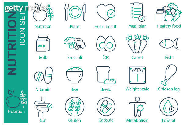 Nutrition icon set. healthy food, meal plan, gluten and more. line icon ...