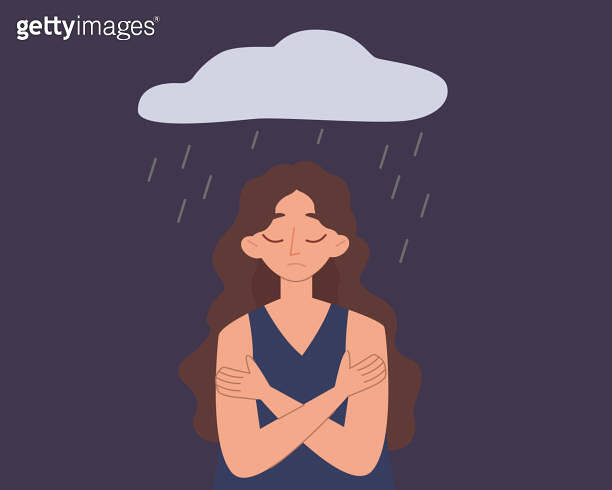 Sad female character hugging herself with rain cloud over her head ...
