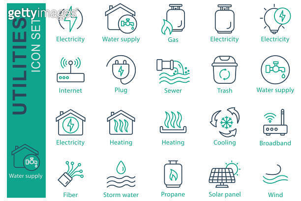 Utilities icon set. Electricity, Water supply, Propane, and more. line ...