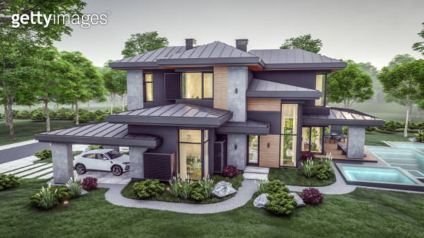 3d rendering of modern two story house with gray and wood accents in ...