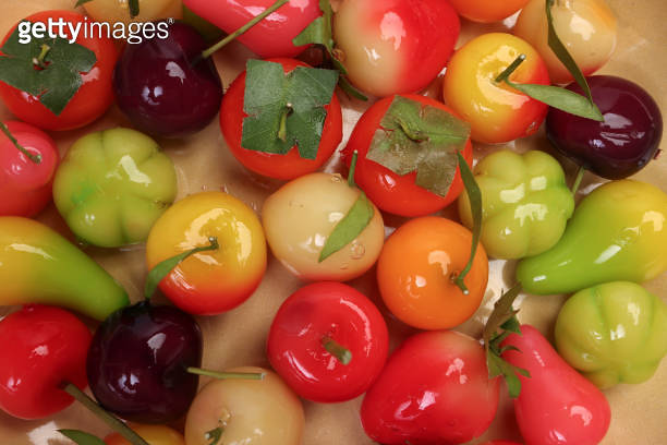 Colourful fruit and vegetable shaped beautiful Thai sweet mung bean ...