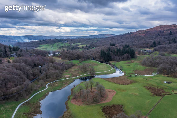 Stunning aerial drone landscape image over River Brathay near ...