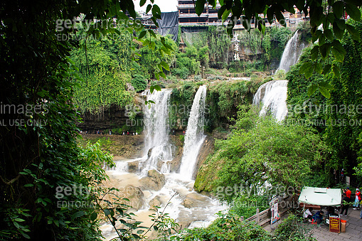 Furong Zhen Tujia ancient town and waterfalls at Yongshun city in Hunan ...