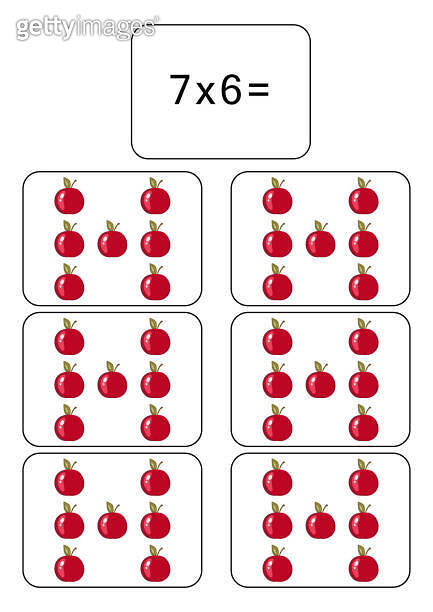 Multiplication table of 7. Maths card with an example, drawing ...