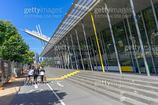 Melbourne Convention and Exhibition Centre (MCEC) with clear blue sky ...