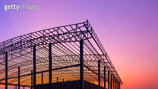Silhouette of curve metal roof beam outline framework and columns of ...