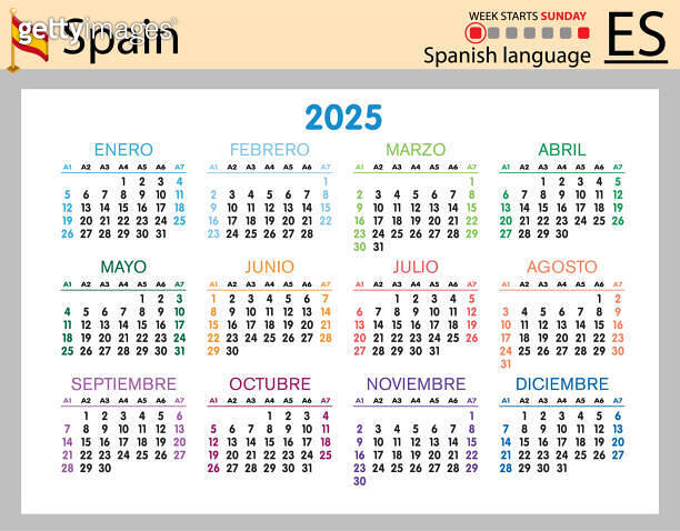 Spanish horizontal pocket calendar for 2025. Week starts Sunday 이미지 ...