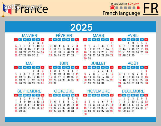 French horizontal pocket calendar for 2025. Week starts Sunday ...