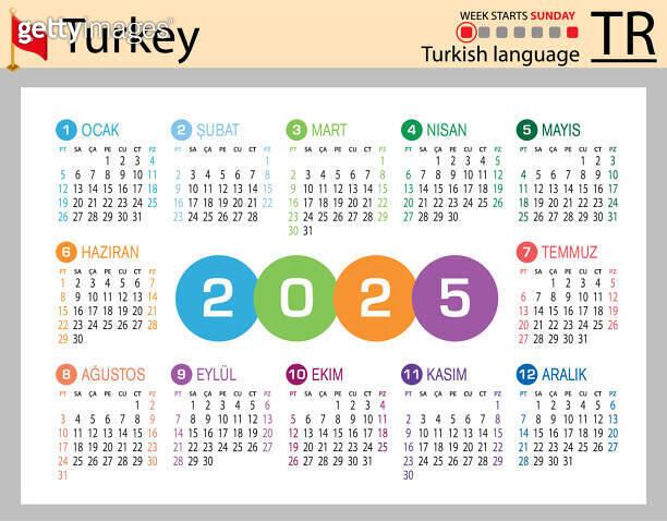 Turkish horizontal pocket calendar for 2025. Week starts Sunday 이미지 ...