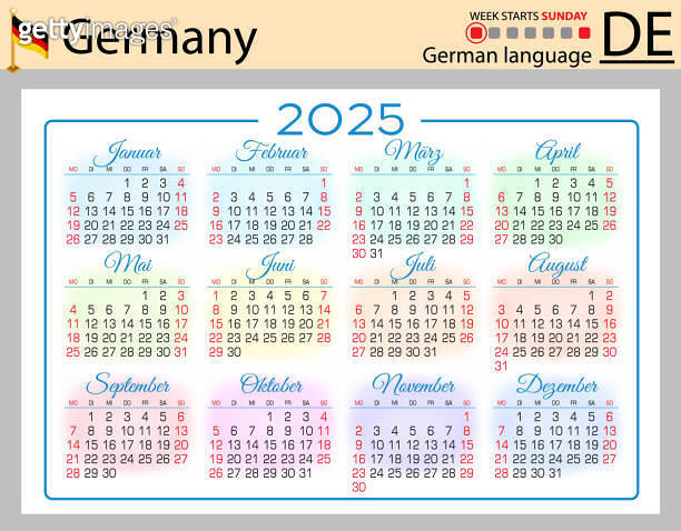 German horizontal pocket calendar for 2025. Week starts Sunday ...