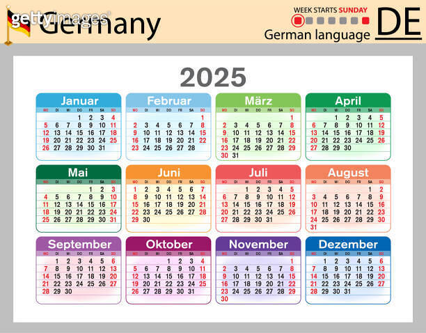German horizontal pocket calendar for 2025. Week starts Sunday ...