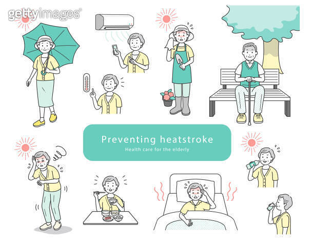Simple line drawing illustration set of elderly people taking measures ...