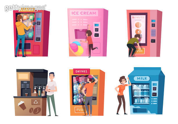 People vending machine. Characters buying snacks in vending machines ...
