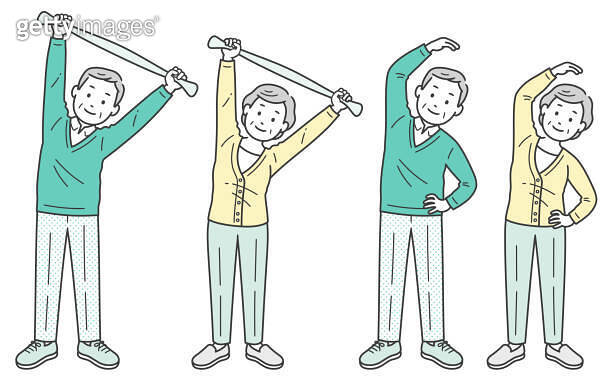 Illustration set of elderly men and women doing stretches to stretch ...
