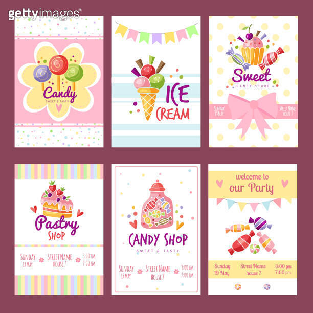 Sweet cards. posters template with different sweets candies and ice ...