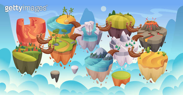 Level map. Game ui landscape with waterfalls lakes and mountains exact ...