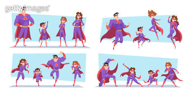 Heroes family. Parents and kids superheroes exact vector cartoon ...