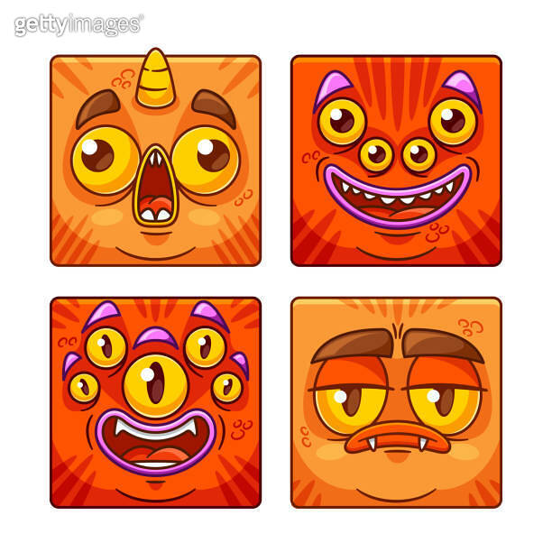 Square Icons, Emojis Or Avatars Of Cartoon Monster Face Character With ...