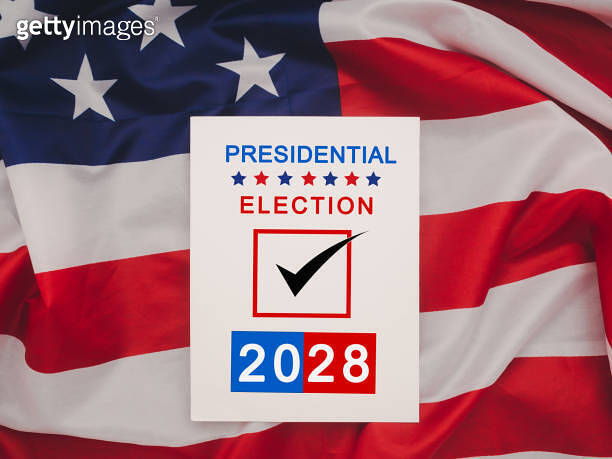 Presidential Election 2028 text on white paper over Waving American ...
