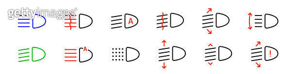 Headlight, light indicator dashboard icon collection. Car light symbol ...