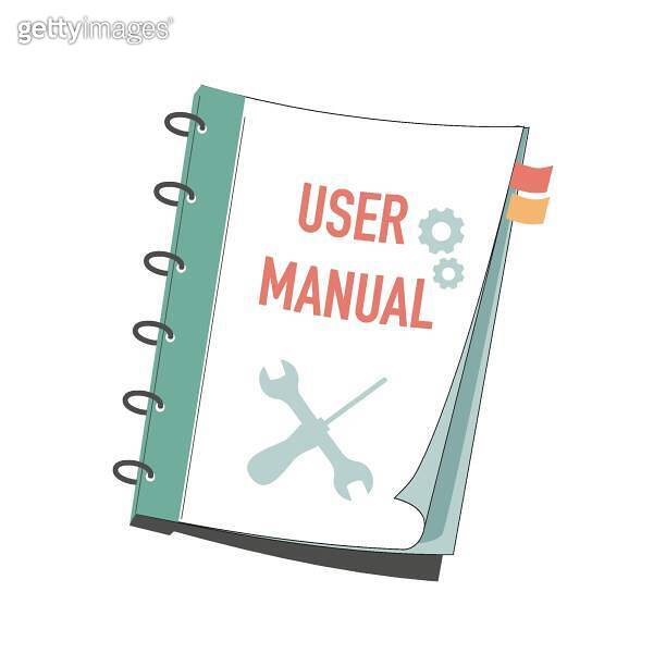 Book with cog gear wheel. Rules guideline or user manual book. Settings ...