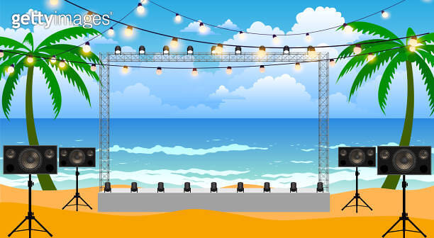 white stage and speaker with spotlight on the truss system on the beach ...