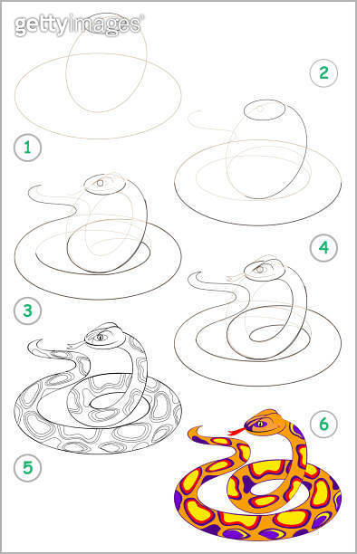 Page shows how to learn step by step to draw a cute snake. Developing ...