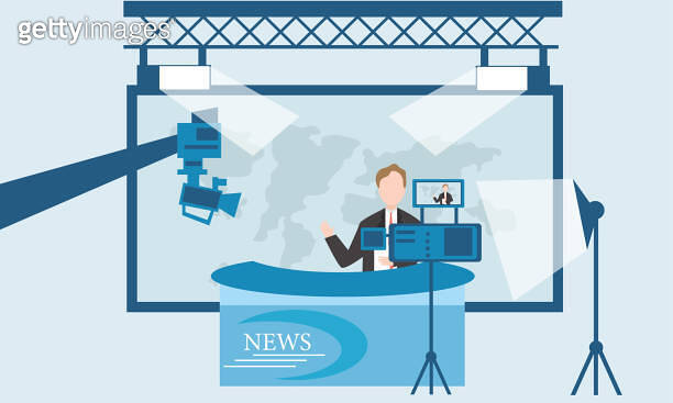 Reporter Anchoring on a live broadcast channel at a TV news studio ...