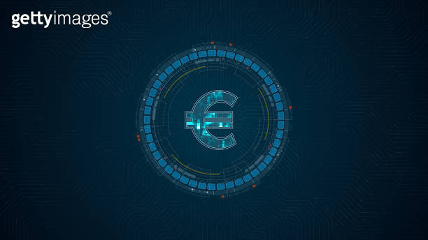 Blue digital money logo with HUD UI circle technology interface and ...