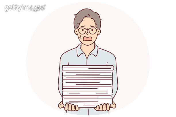 Weeping businessman with bunch of paperwork is suffering from paperwork ...