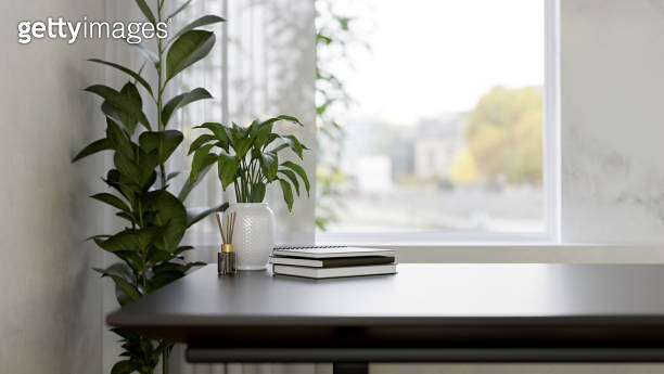 A table near the window featuring a reed diffuser, books, and plants in ...