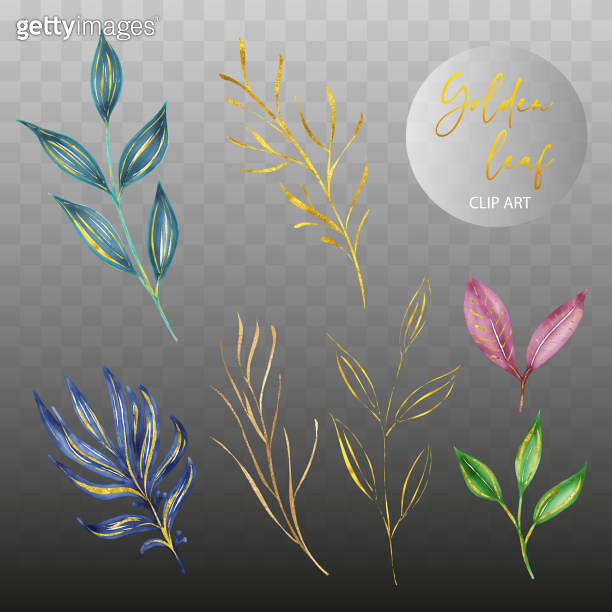 Hand Drawn Gold Colored and Green Watercolor Leaves Clip Art Set ...