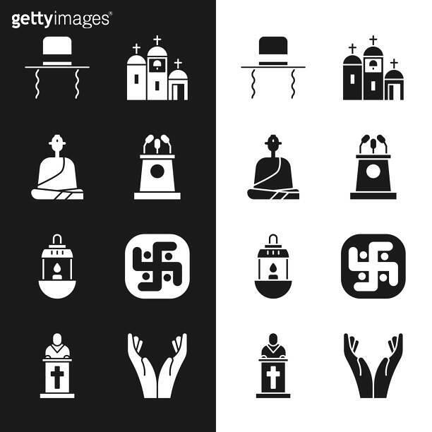 Set Stage stand or tribune, Buddhist monk, Orthodox jewish hat with ...
