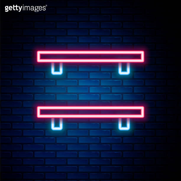Glowing neon line Empty wooden shelves icon isolated on brick wall ...