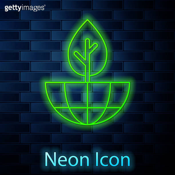 Glowing neon line Earth globe and plant icon isolated on brick wall ...
